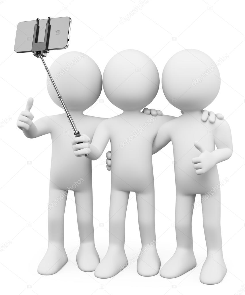 3D white people. Friends taking a photo with a selfie stick Stock Photo ...