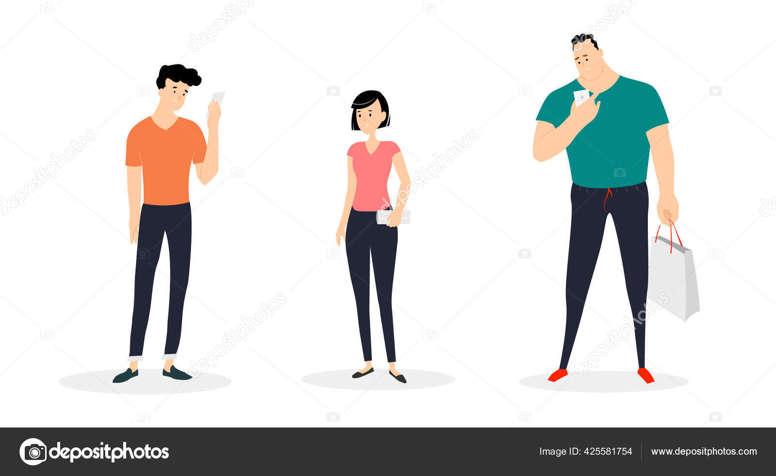 Group Portrait Three People Standing Men Gadgets Woman Vector ...