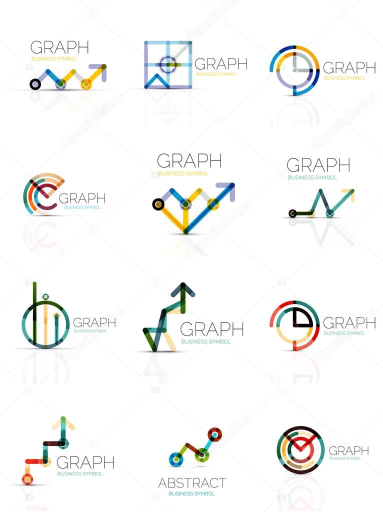 Linear graph and chart abstract logo set, connected multicolored line ...