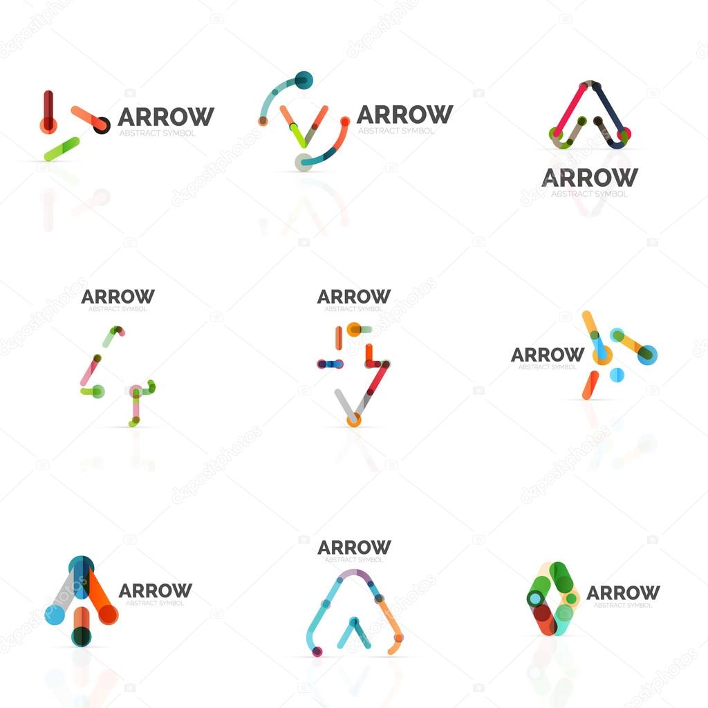 Set of linear arrow abstract logos, connected multicolored segments ...