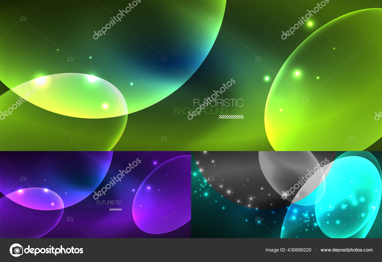Set of neon abstract backgrounds. Shiny bright glowing ellipses in the ...