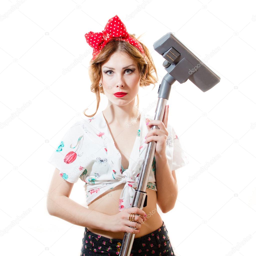 Holding Vacuum Cleaner Sexy Funny Young Blond Pin Up Lady Having Fun Looking At Camera Seriously
