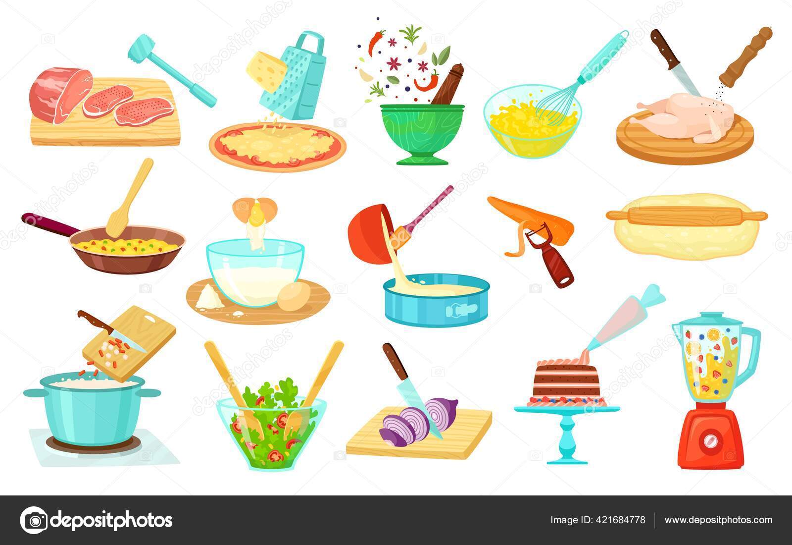 Food cooking process, objects set isolated on white vector ...