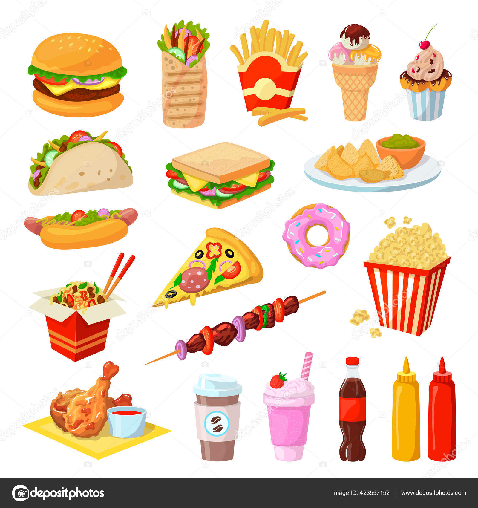 Set gambar vektor makanan cepat saji, menu kafe makanan jalanan datar ...