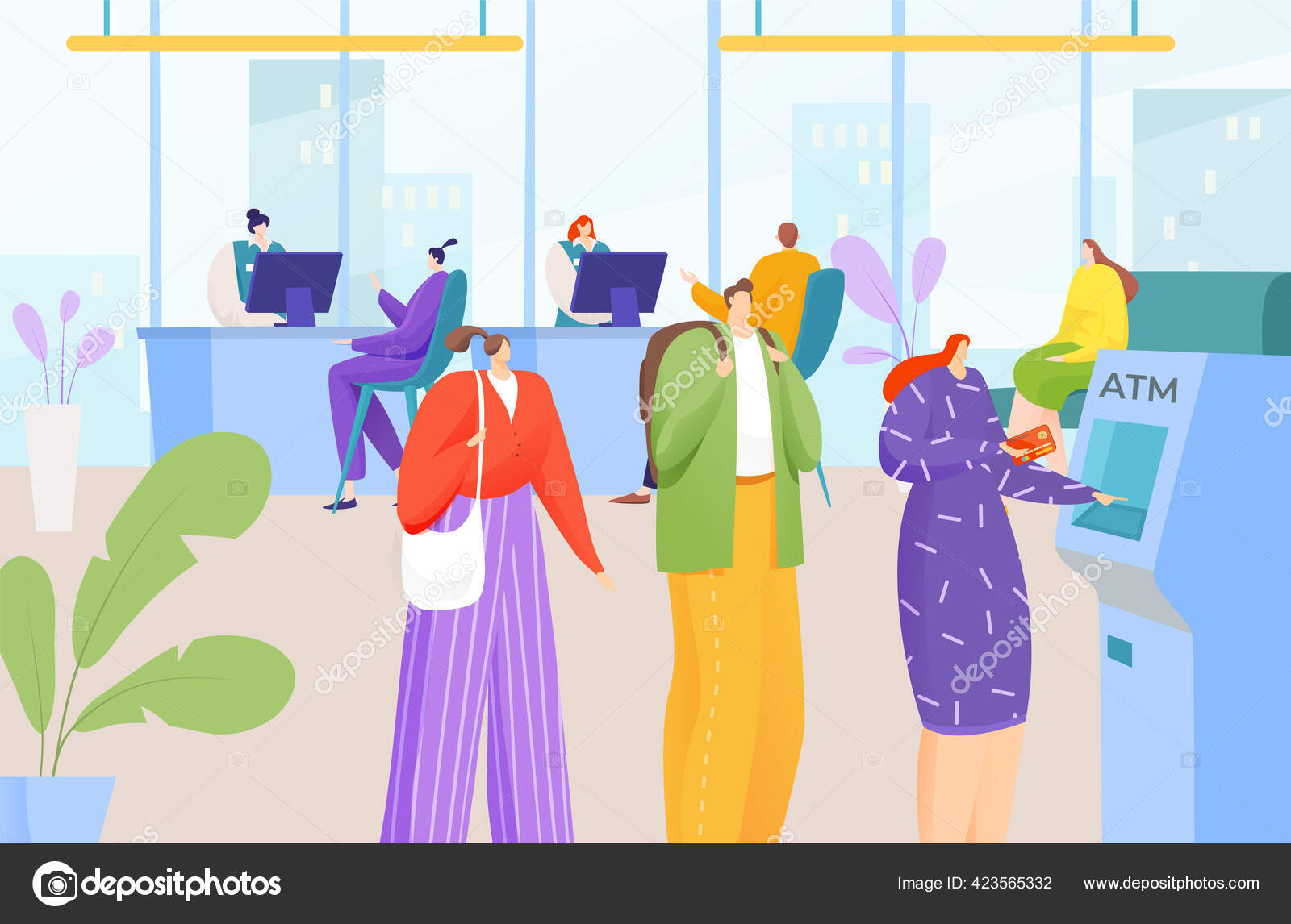 Finance office with queue, banking payment at interior vector ...