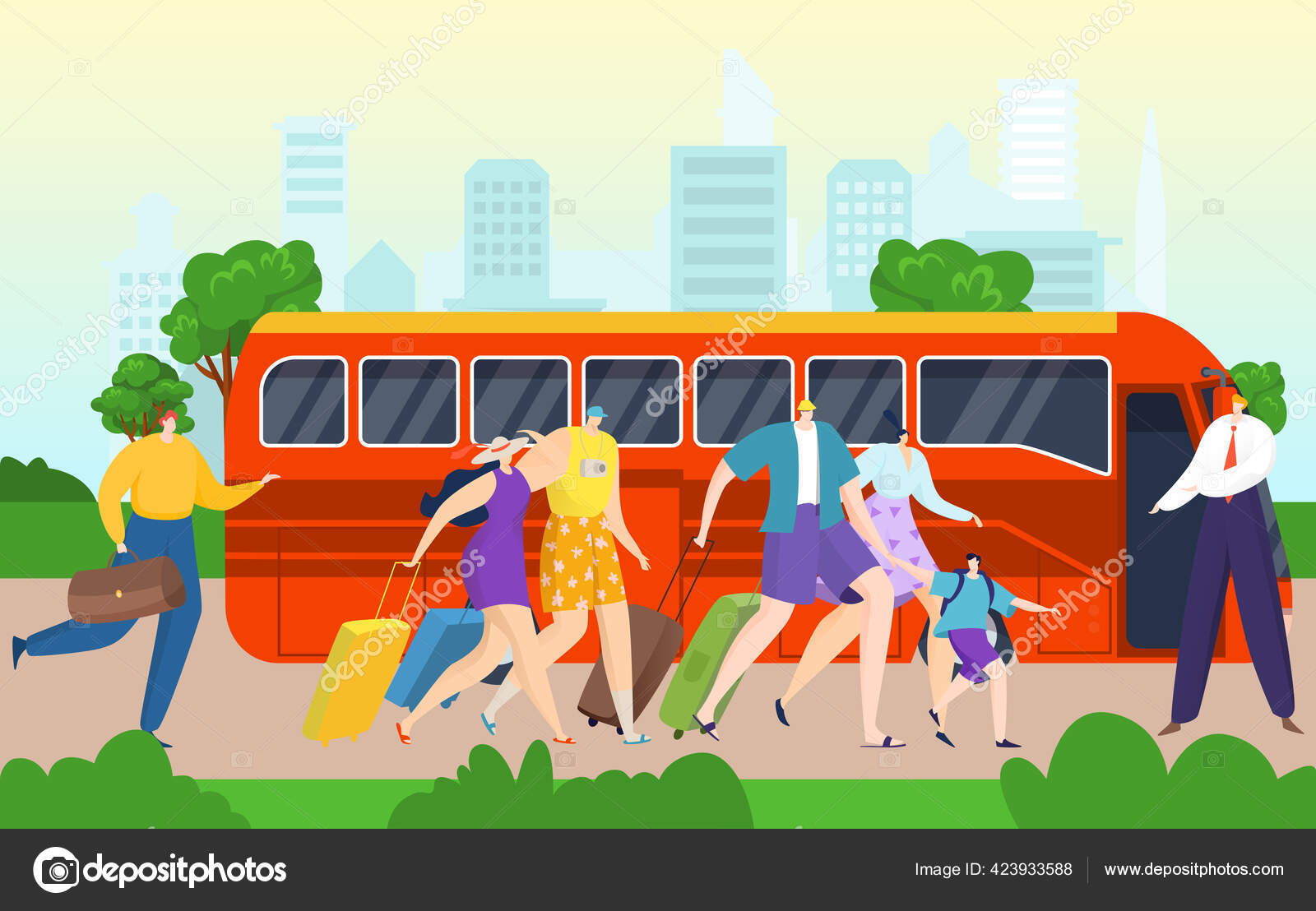 Bus for tourist excursion, people at journey flat holiday trip vector ...