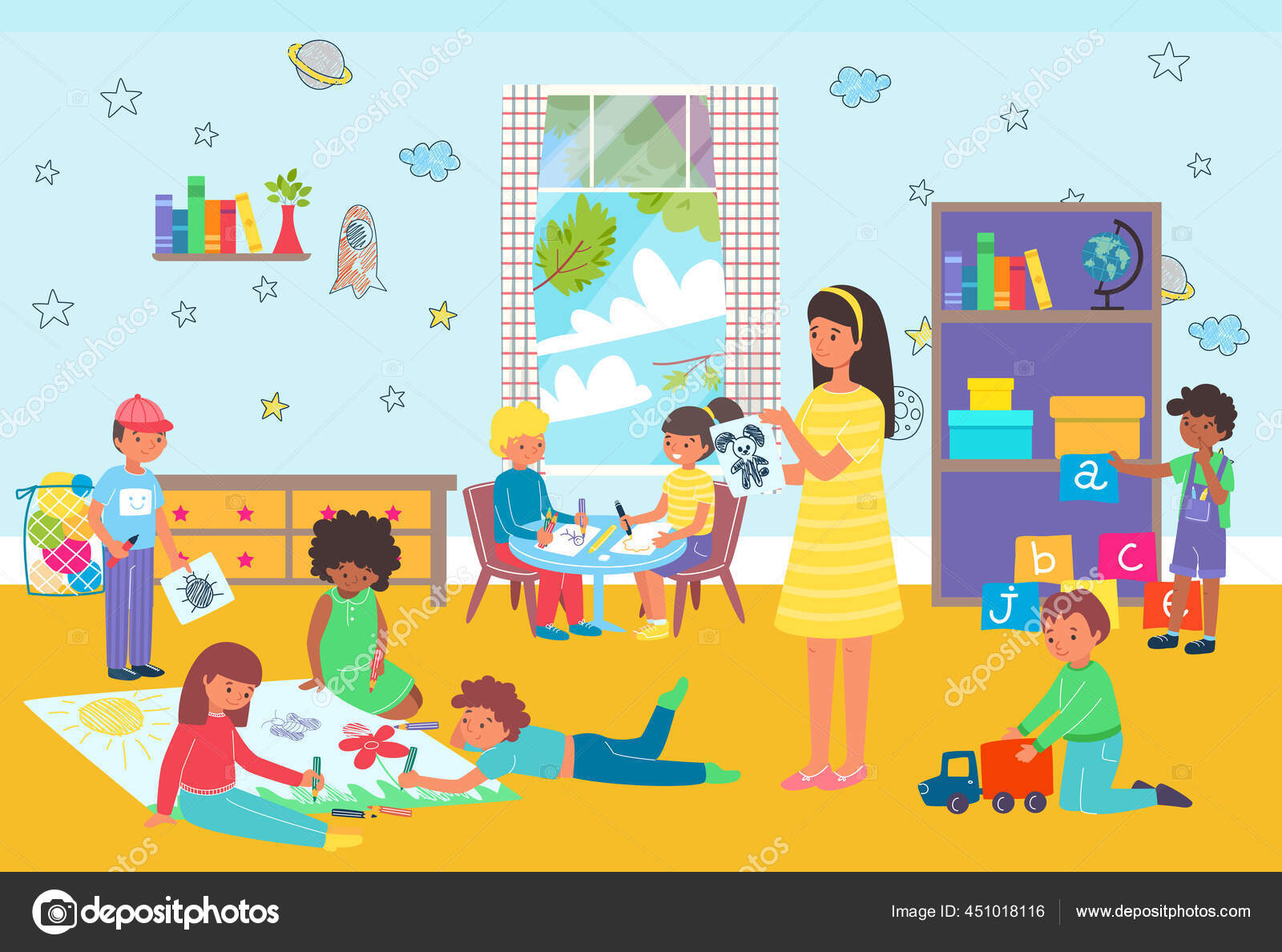 Kids playing kindergarten class, preschool education essential, bright ...