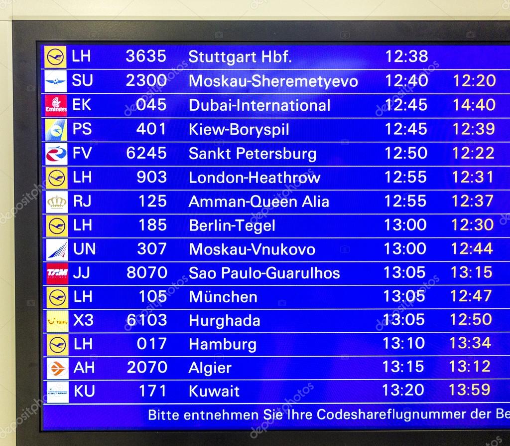 Panel with arriving flights and actual status at Rhein Main Airp ...