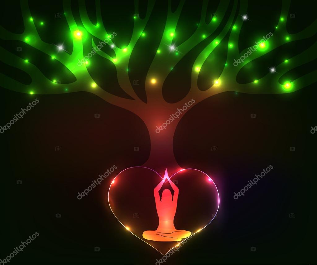 Woman meditate under the colorful tree — Stock Vector © megija #64308419