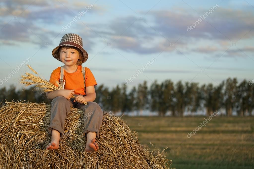 Boy in a haystack in the field Stock Photo by ©chepko 94957764