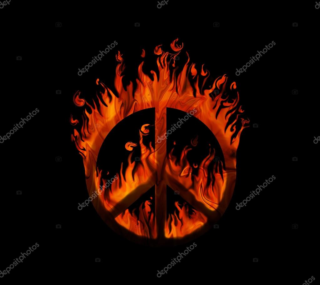 Symbol of peace on fire, on black background - concept of peace being ...