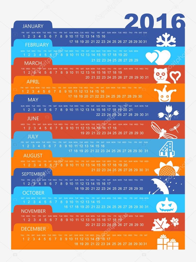Calendar for 2016. Week Starts Sunday. Stock Vector Image by ©ayra ...