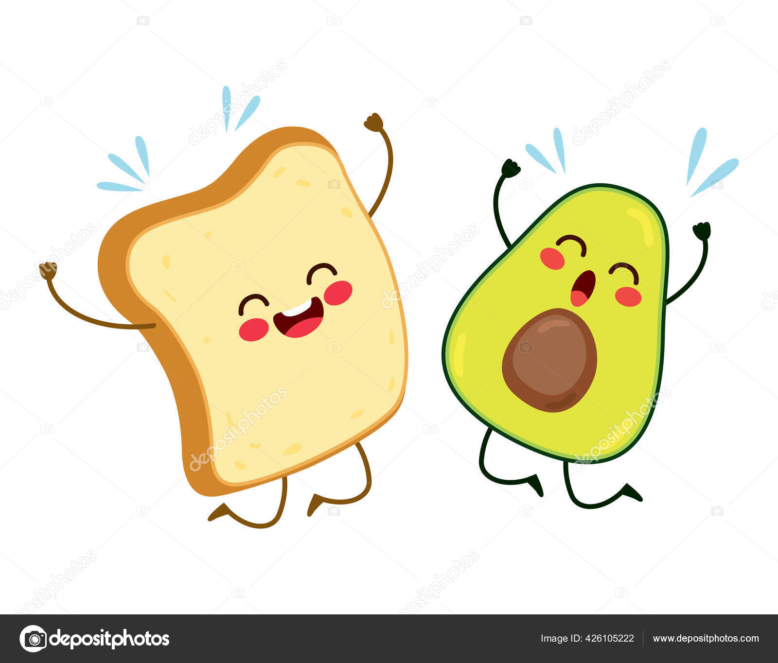 Cute Best Friends Toast Avocado Characters Jumping Happy Stock Vector ...