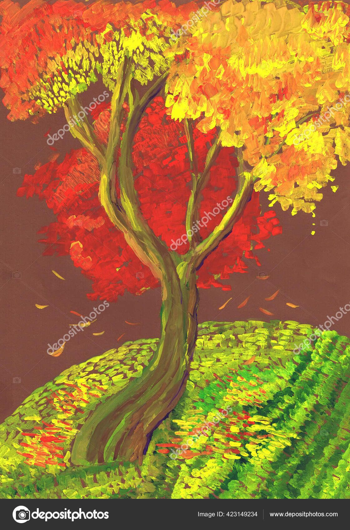 Multicolored Autumn Tree Technique Pointillism Children's Drawing Stock ...