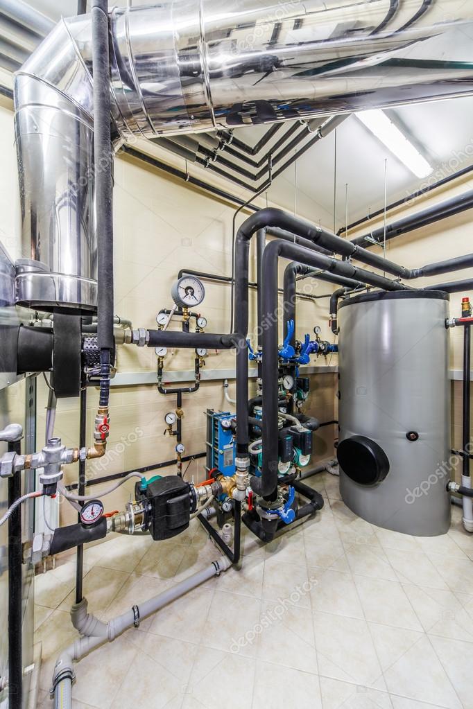 Technological boiler unit with tanks, pipelines and chimney Stock Photo ...