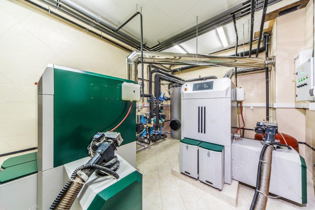 Interior boiler with two boilers with fuel from wood auger — Stock ...