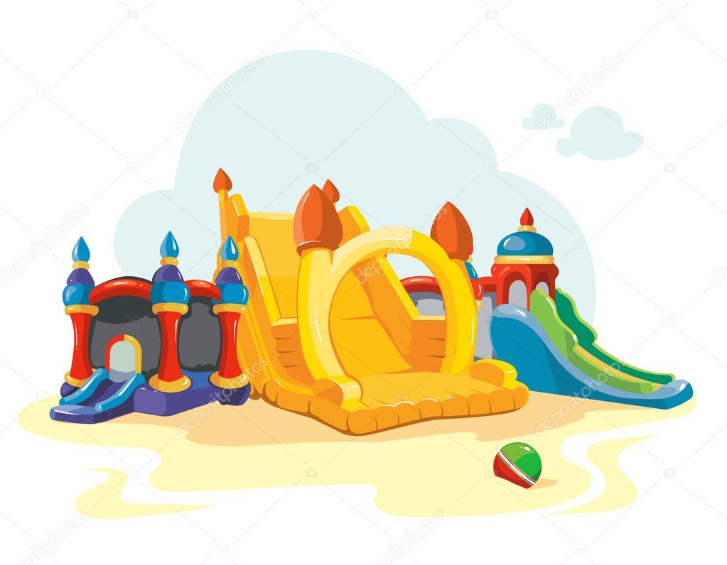 Vector illustration of inflatable castles and children hills on ...
