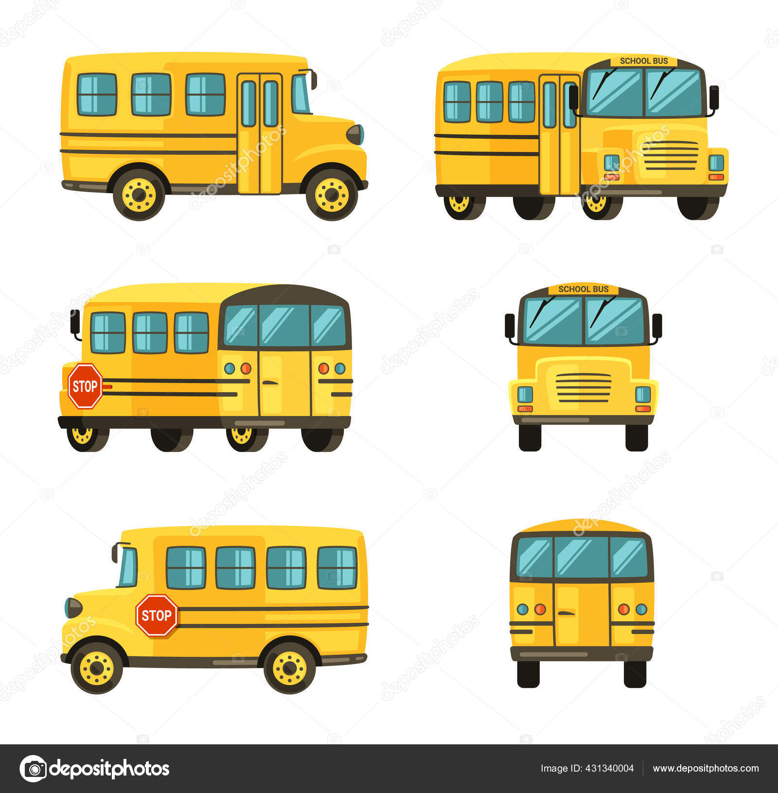 School bus from different angles. Yellow vehicle for transporting ...