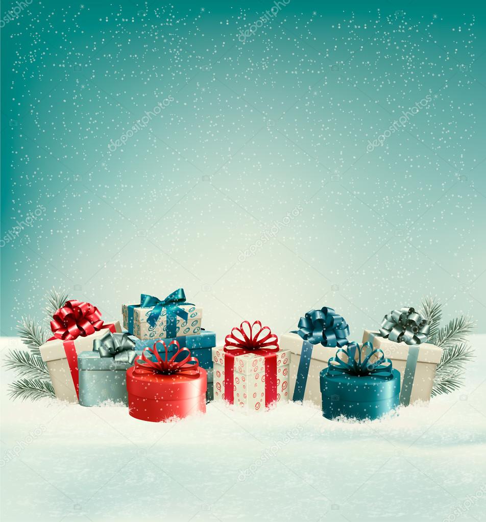 Christmas gift boxes in snow. Vector. — Stock Vector © almoond #60544063