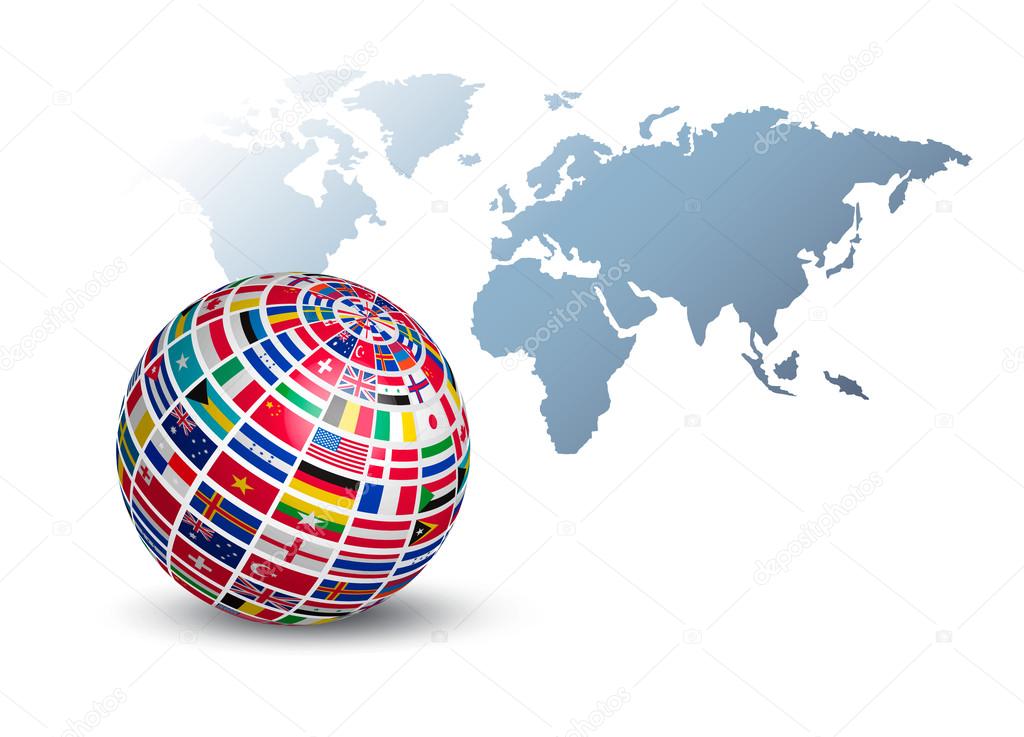 Globe made out of flags on a world map background. Vector. Stock Vector ...
