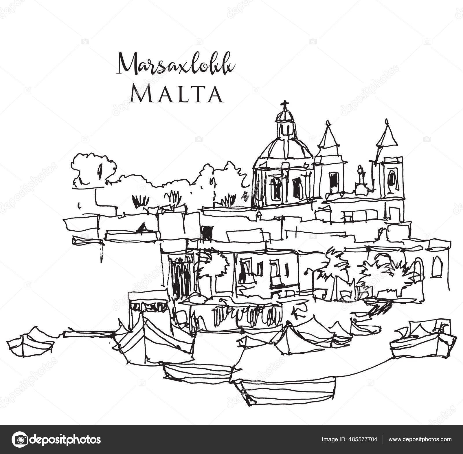 Vector Hand Drawn Sketch Illustration Marsaxlokk Coastline Malta Stock ...
