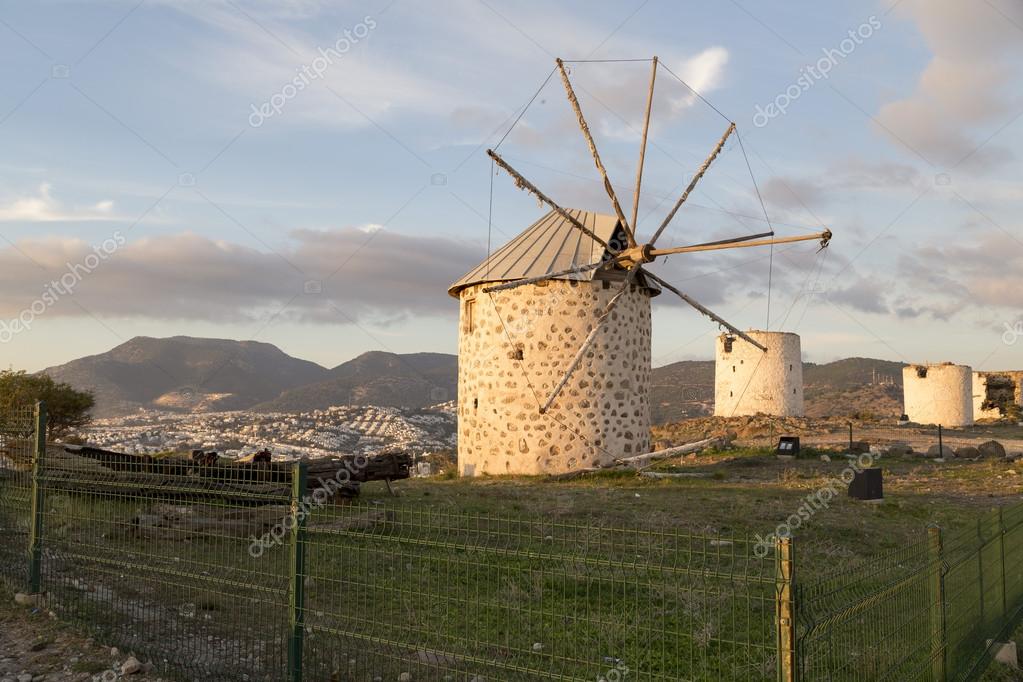 Ancient windmills of Bodrum Peninsula in the sunset, Aegean coast of ...