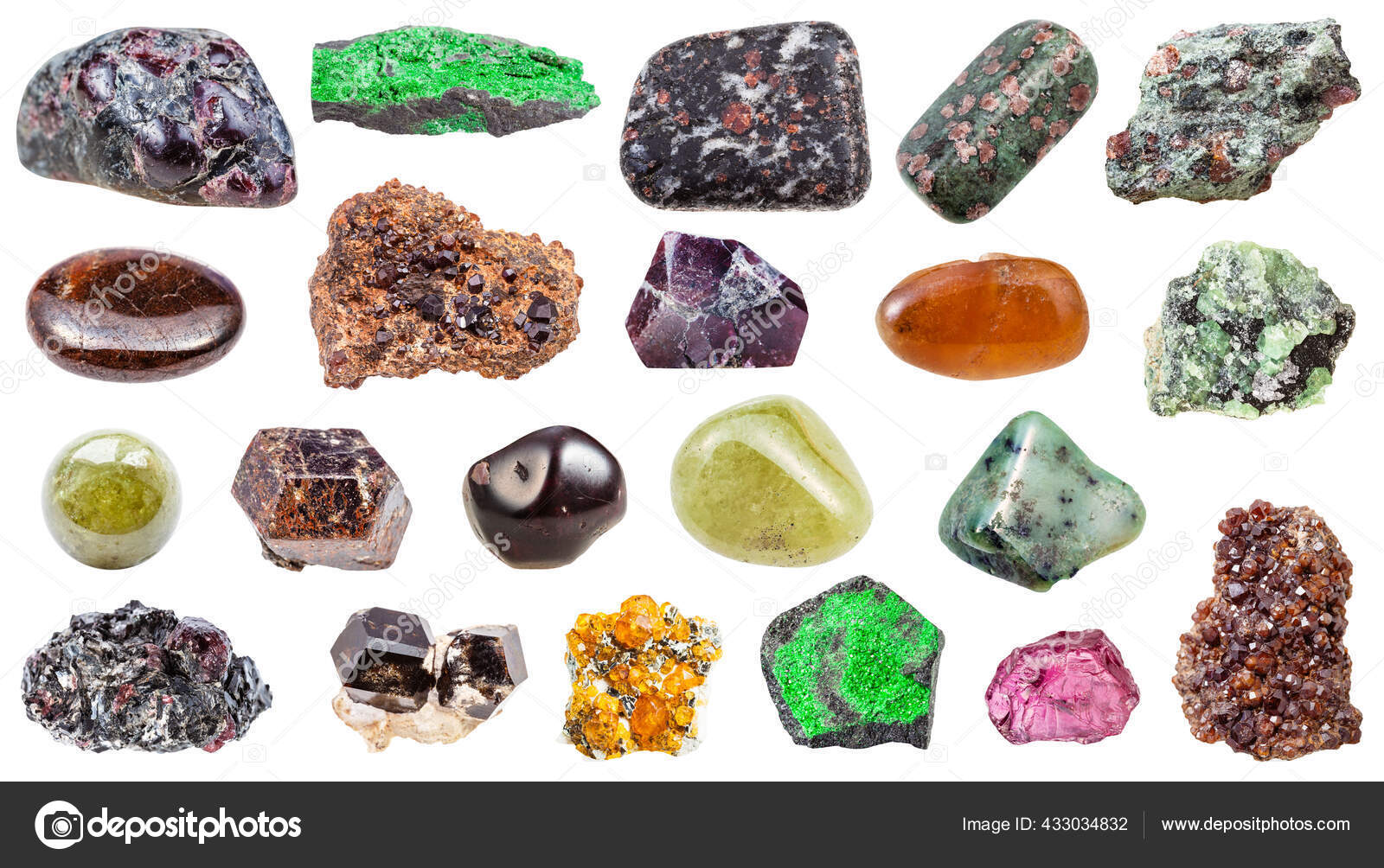 Set Various Garnet Natural Mineral Gem Stones Samples Rock Isolated ...