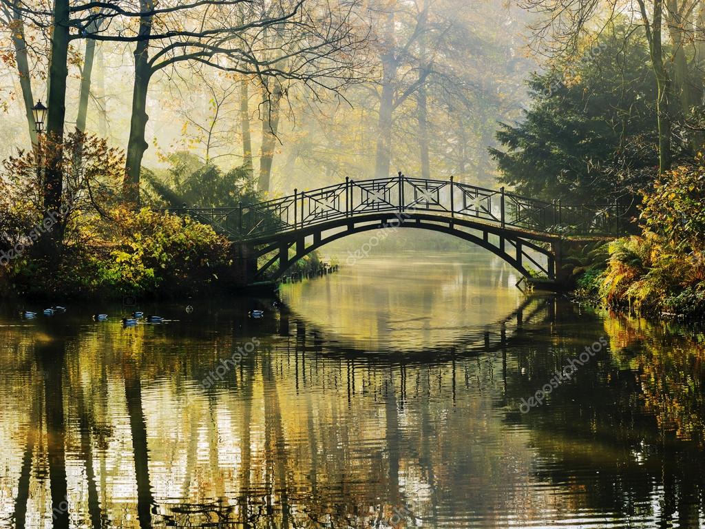 Autumn - Old bridge in autumn misty park — Stock Photo © Gorilla #67423715