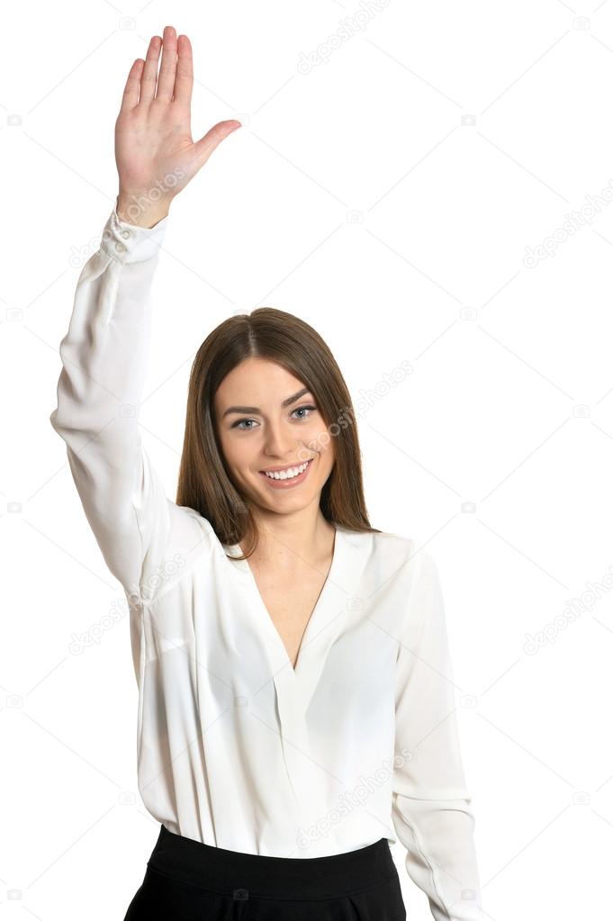 Beautiful woman with rised hand Stock Photo by ©aletia 69604679