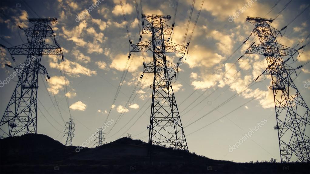 High Voltage Power Lines With Sunset Sky Background — Stock Photo ...