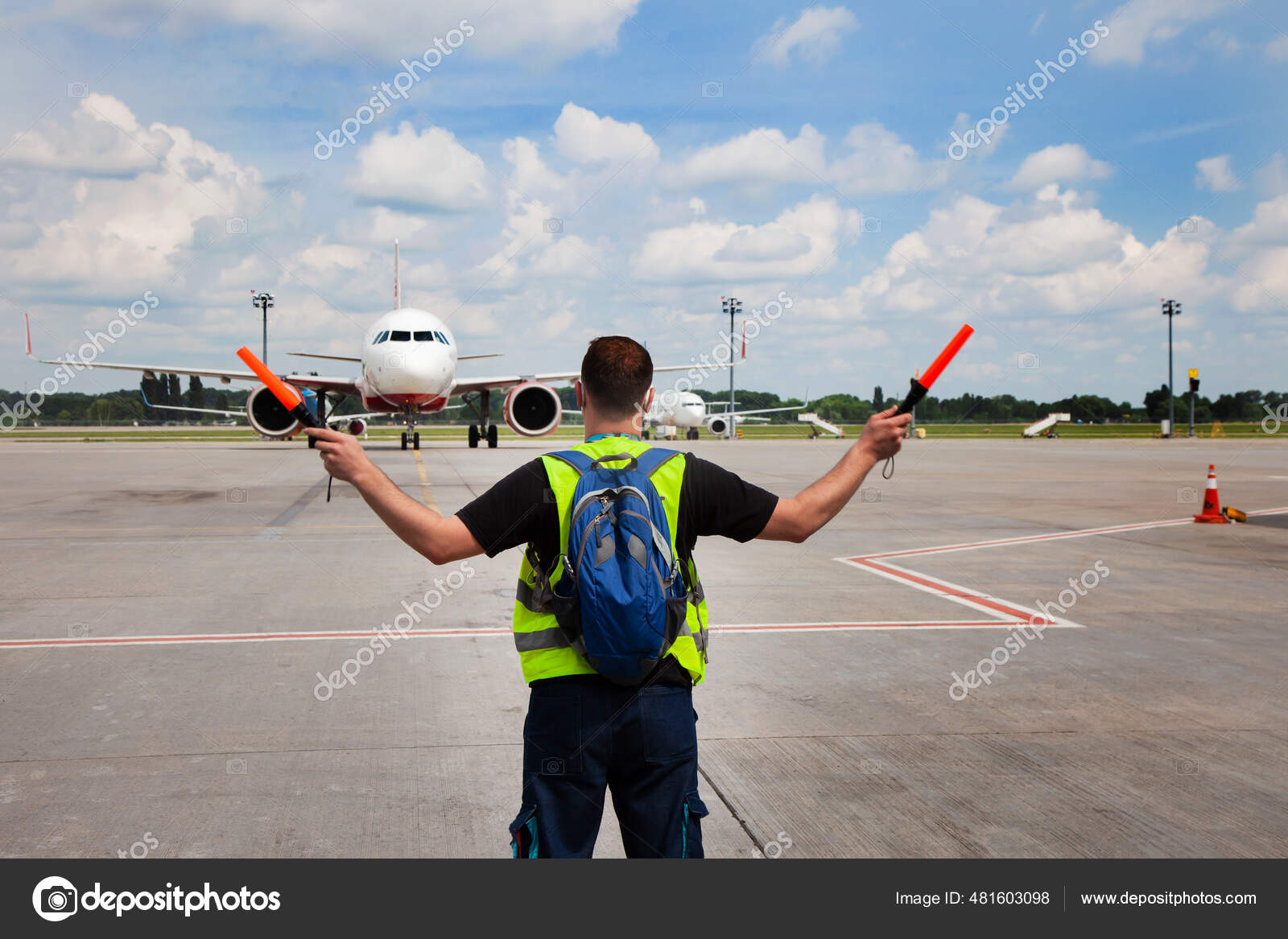 Traffic Controller Airport Shows Semaphore Sticks Pilot Plane Park ...