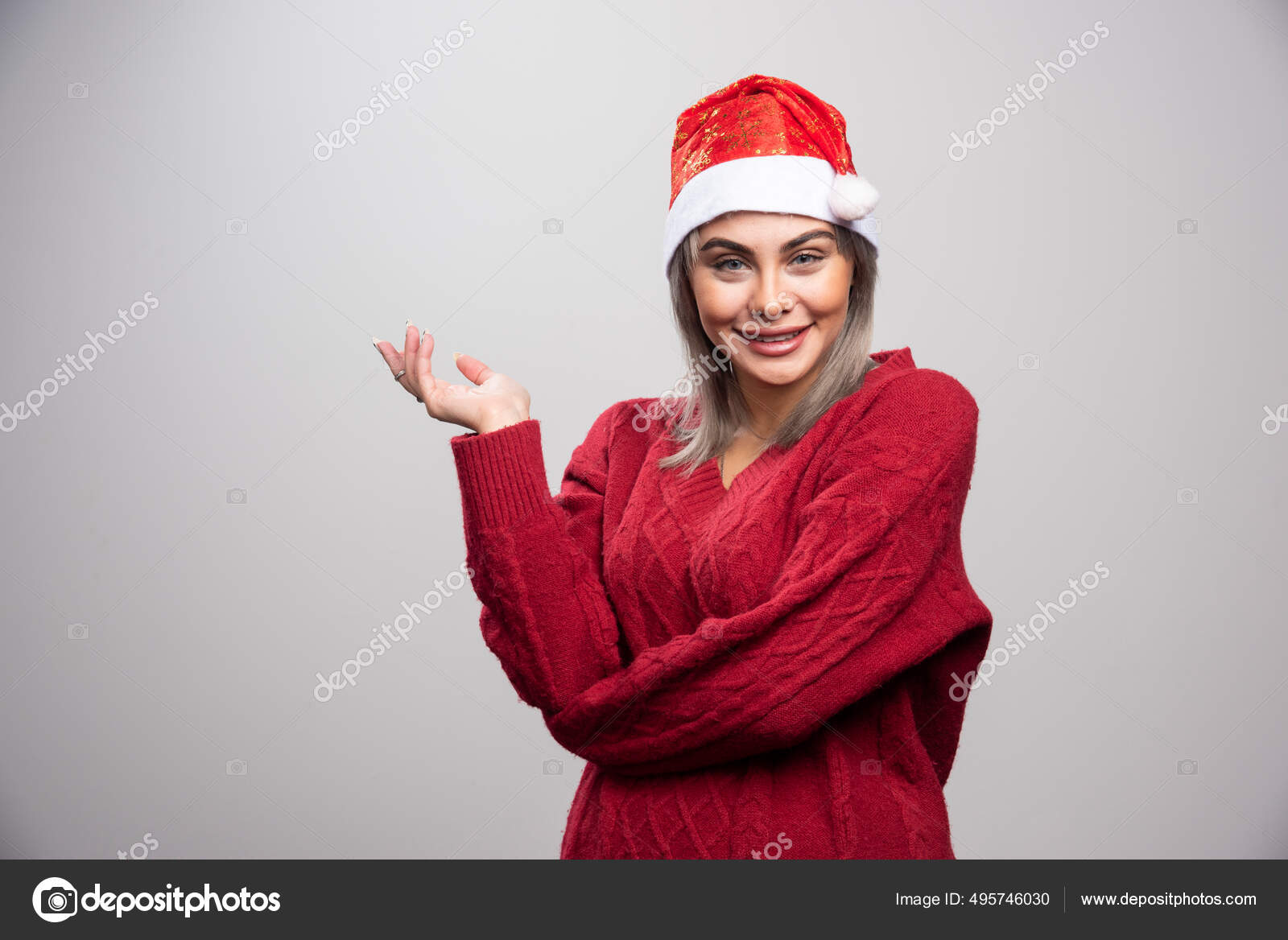 Beautiful Woman Red Sweater Smiling Widely High Quality Photo — Stock ...