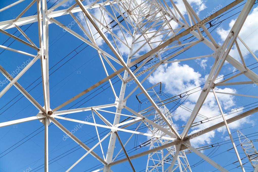 Bottom view power transmission lines against blue sky ⬇ Stock Photo ...