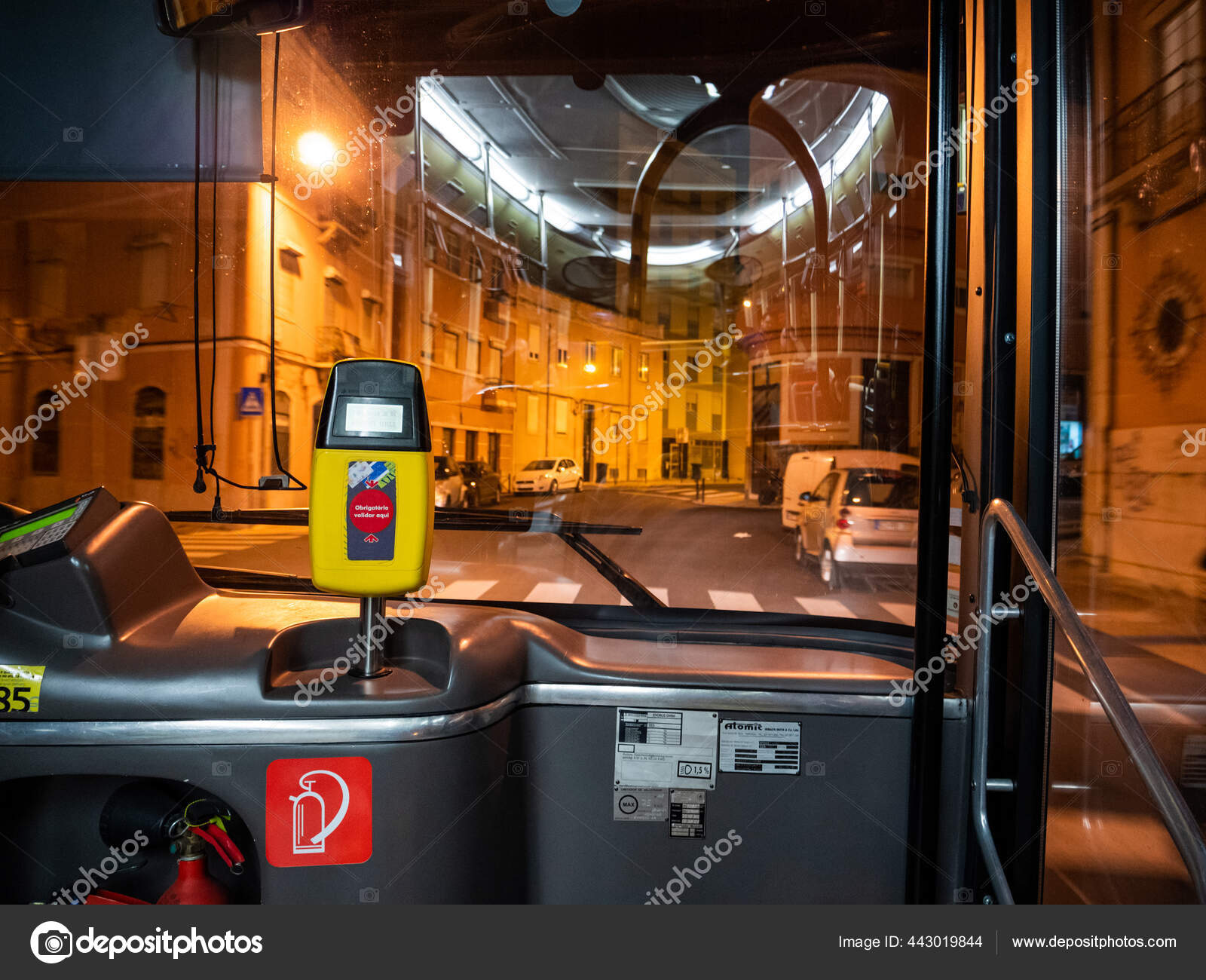 View from inside the public transportation bus on the empty street of ...