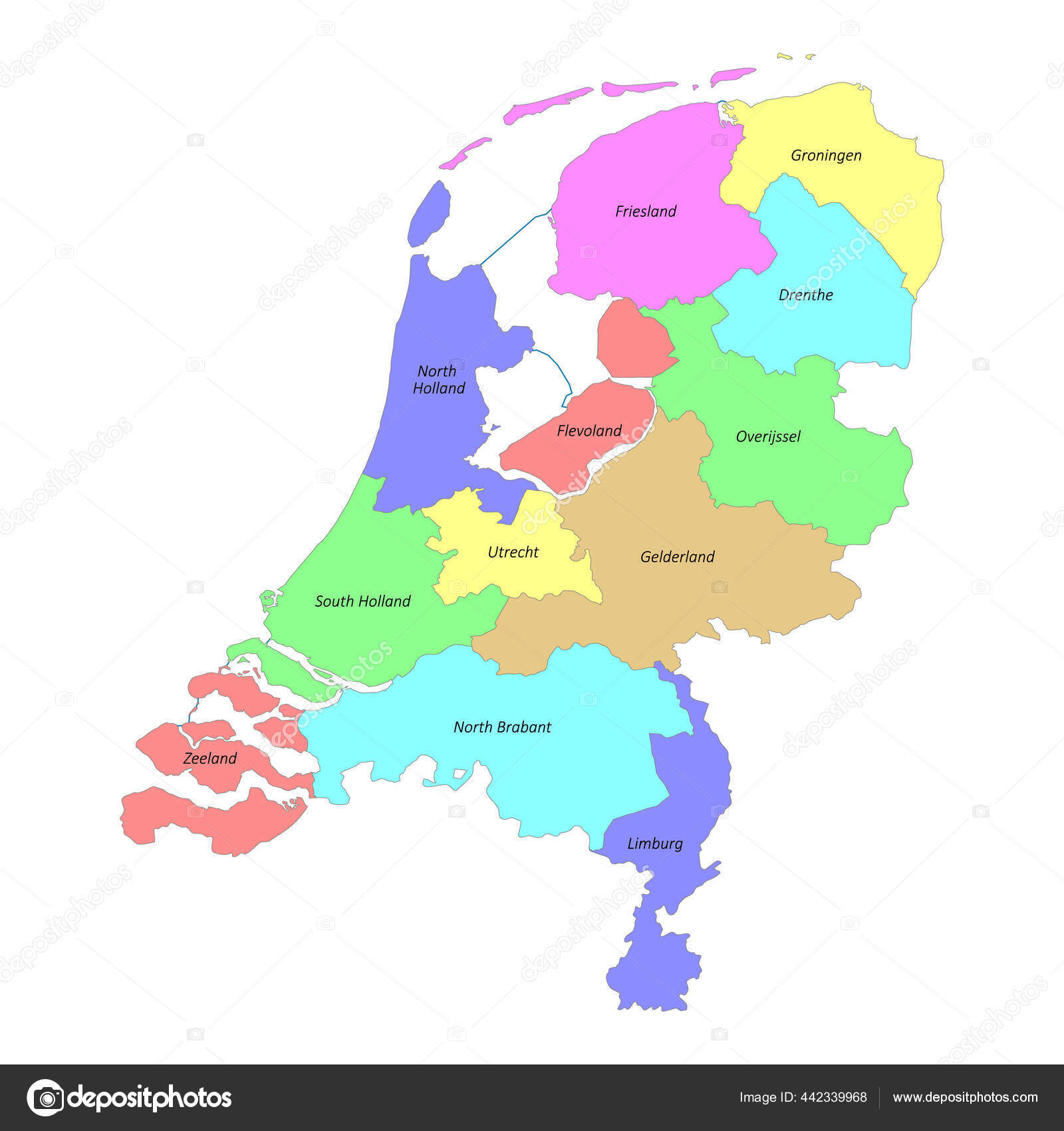 Hollanda 'Nın Vilayet Sınırları Ile Etiketlenmiş Yüksek Kaliteli Renkli ...