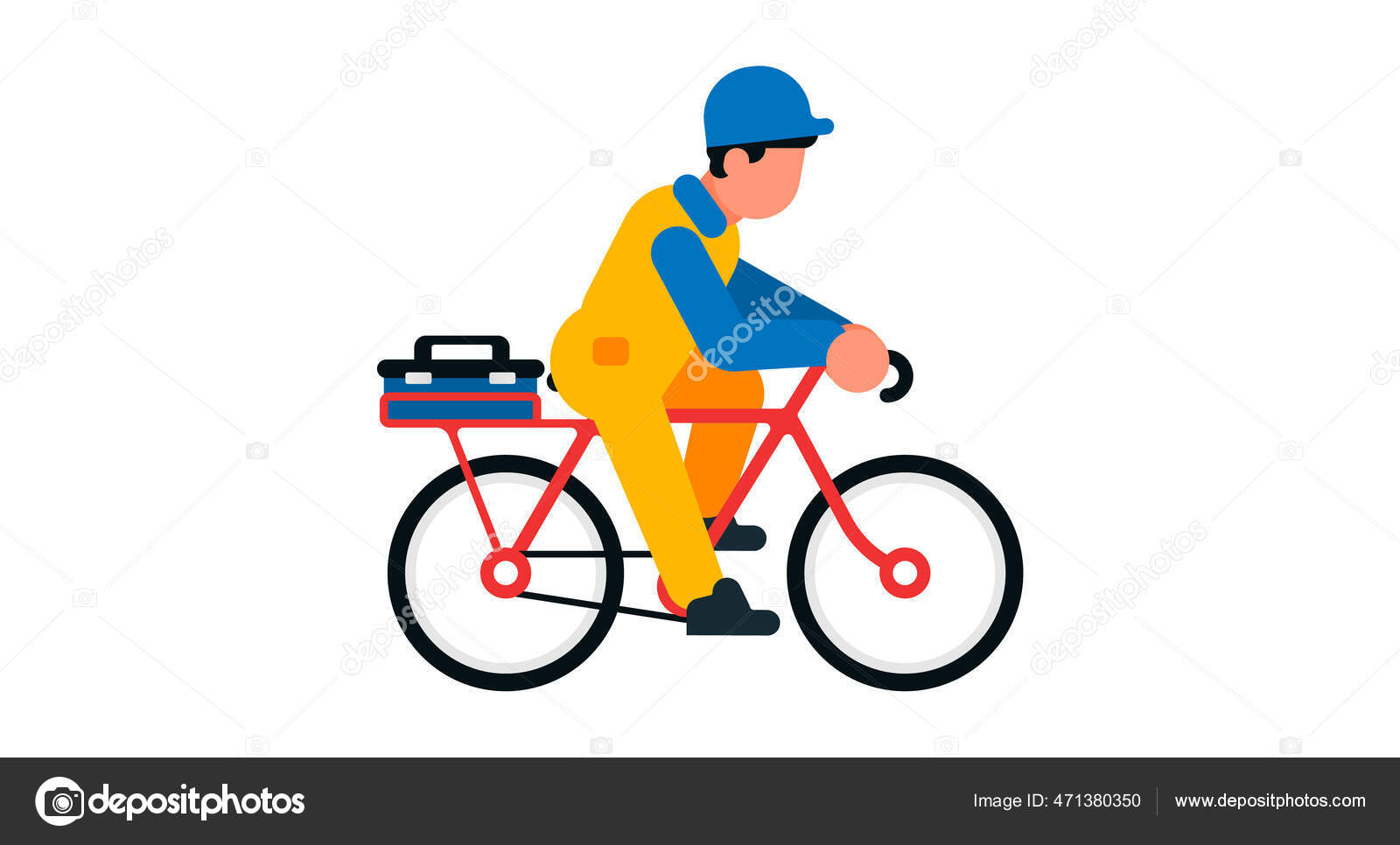 Pekerja mengendarai sepeda. Pria pembangun dan sepeda, toolbox ...