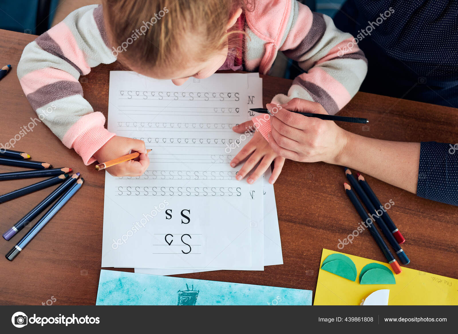 Little Girl Preschooler Learning Write Letters Help Her Mother Kid ...