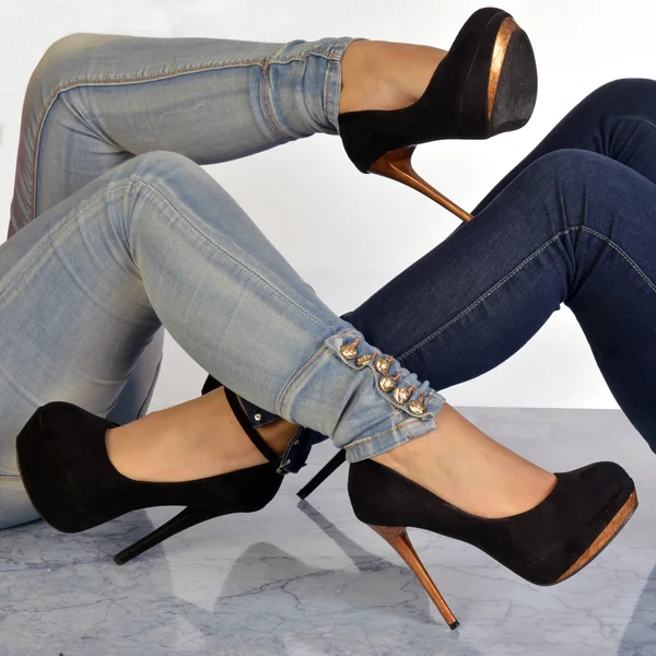 Slim Beautiful Female Legs Jeans Black High Heel Shoes Decorated Stock ...