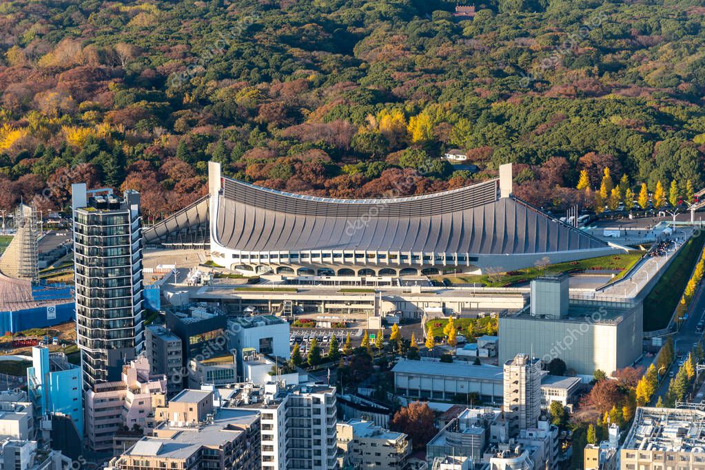 TOKIO, JAPÓN - 30 de noviembre de 2019: Vista aérea aérea del gimnasio nacional de Yoyogi con el ...