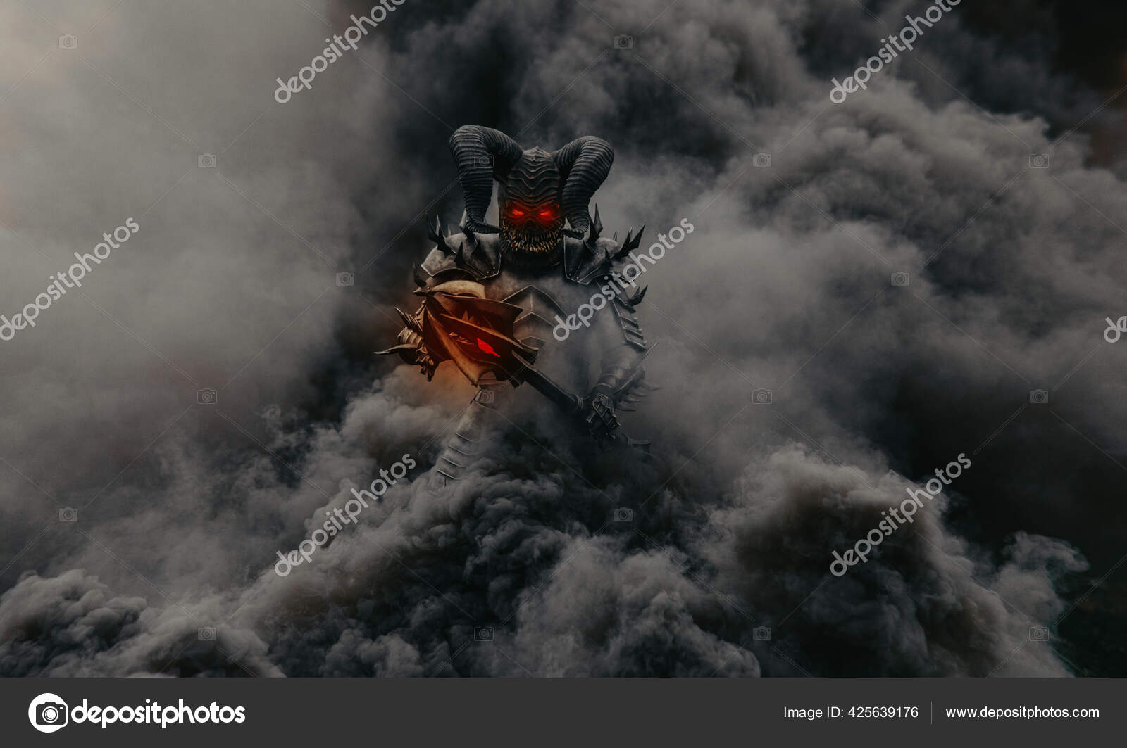 Mutant Warrior Stands Glowing Eyes Holds Mace His Hands Background ...