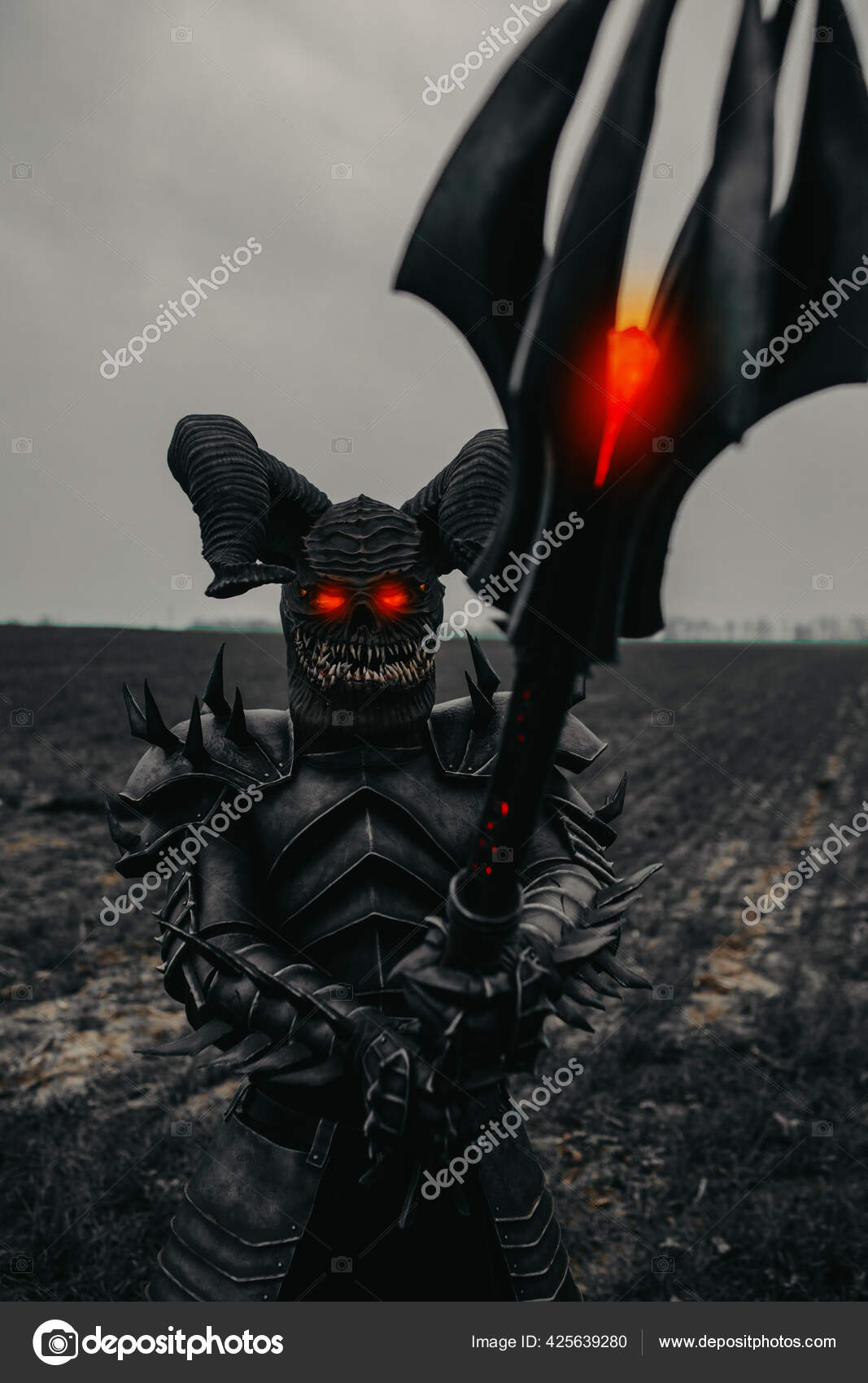 Mutant Warrior Stands Glowing Eyes Holds Mace His Hands Field Stock ...