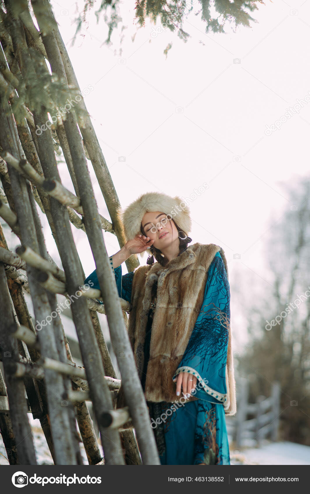 Young Woman Stands Wooden Adaptations Drying Hay Dressed Fur Hat Stock ...