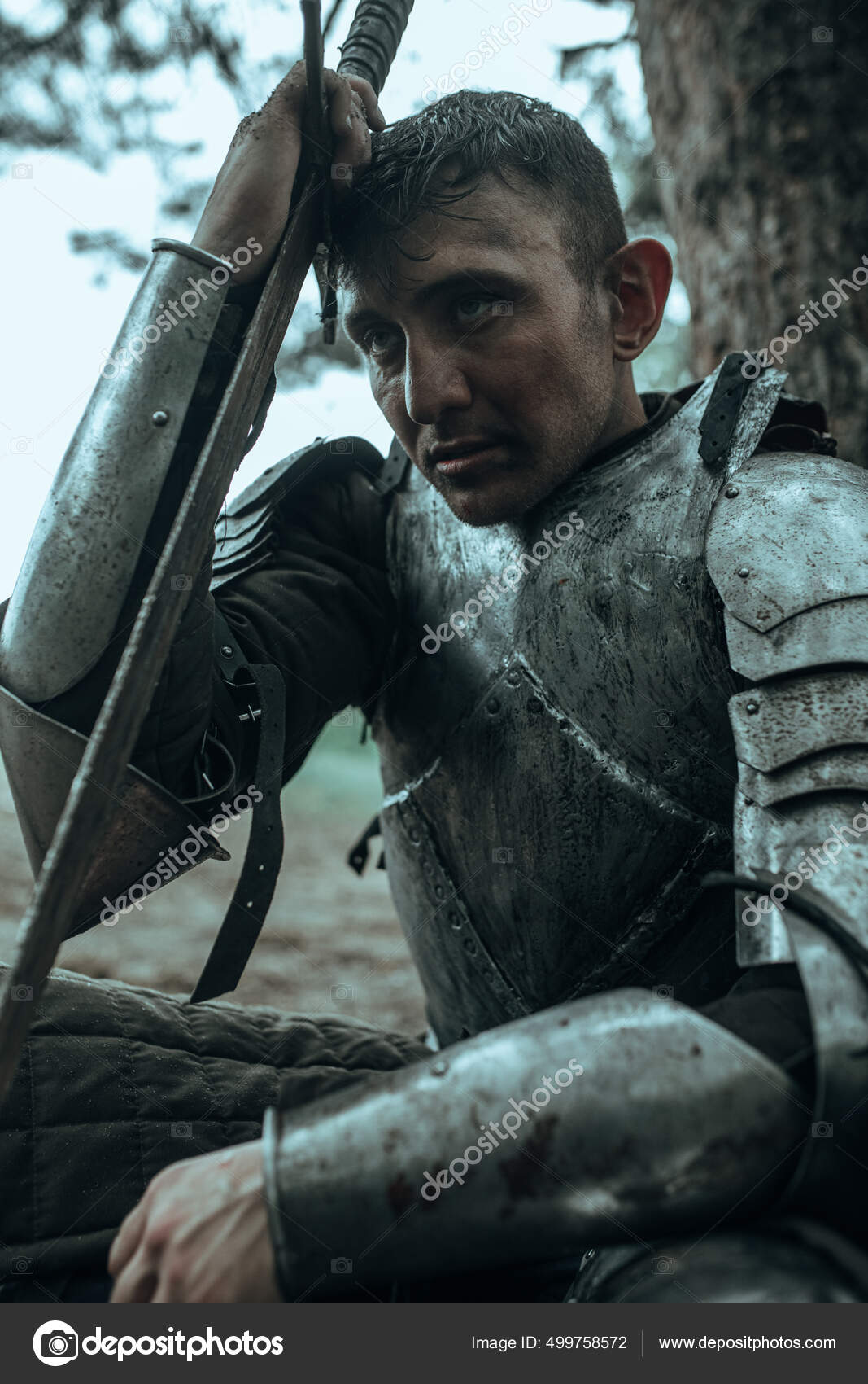 Medieval Tired Warrior Knight Chain Mail Armour Sits Rests Forest Stock ...