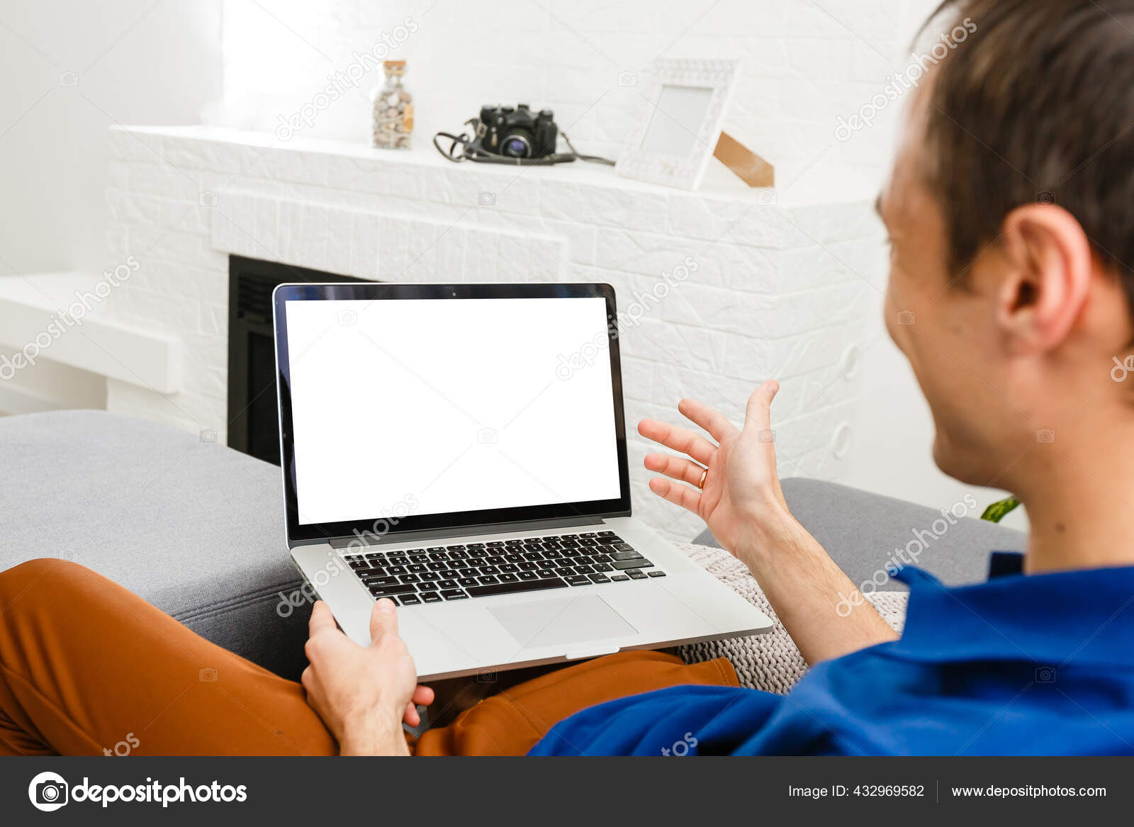 Back View Male Person Sitting Front Open Laptop Computer Blank Stock ...