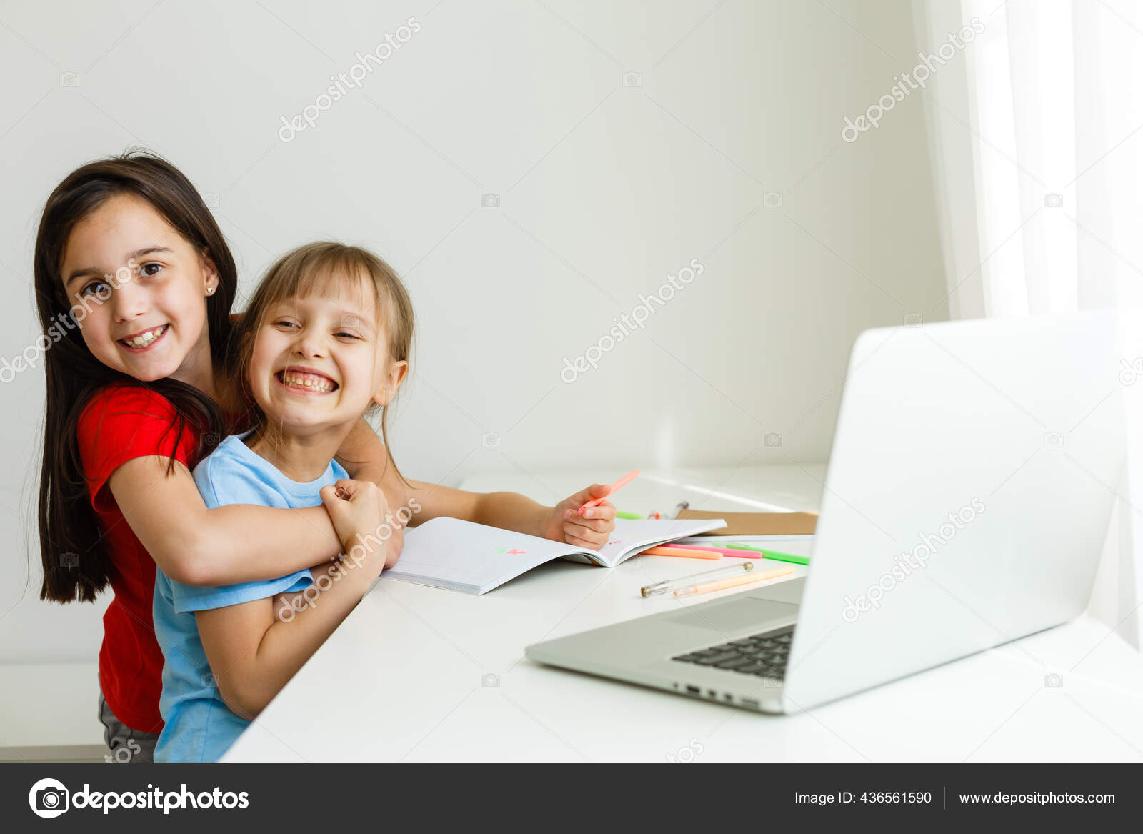 Two Cute Little Sisters Study Together Home Education Kids Stock Photo ...