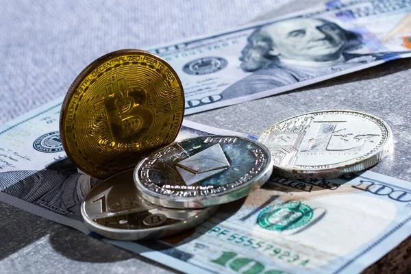 Bitcoin chart on virtual screen money concept.Gold bitcoins with graph ...