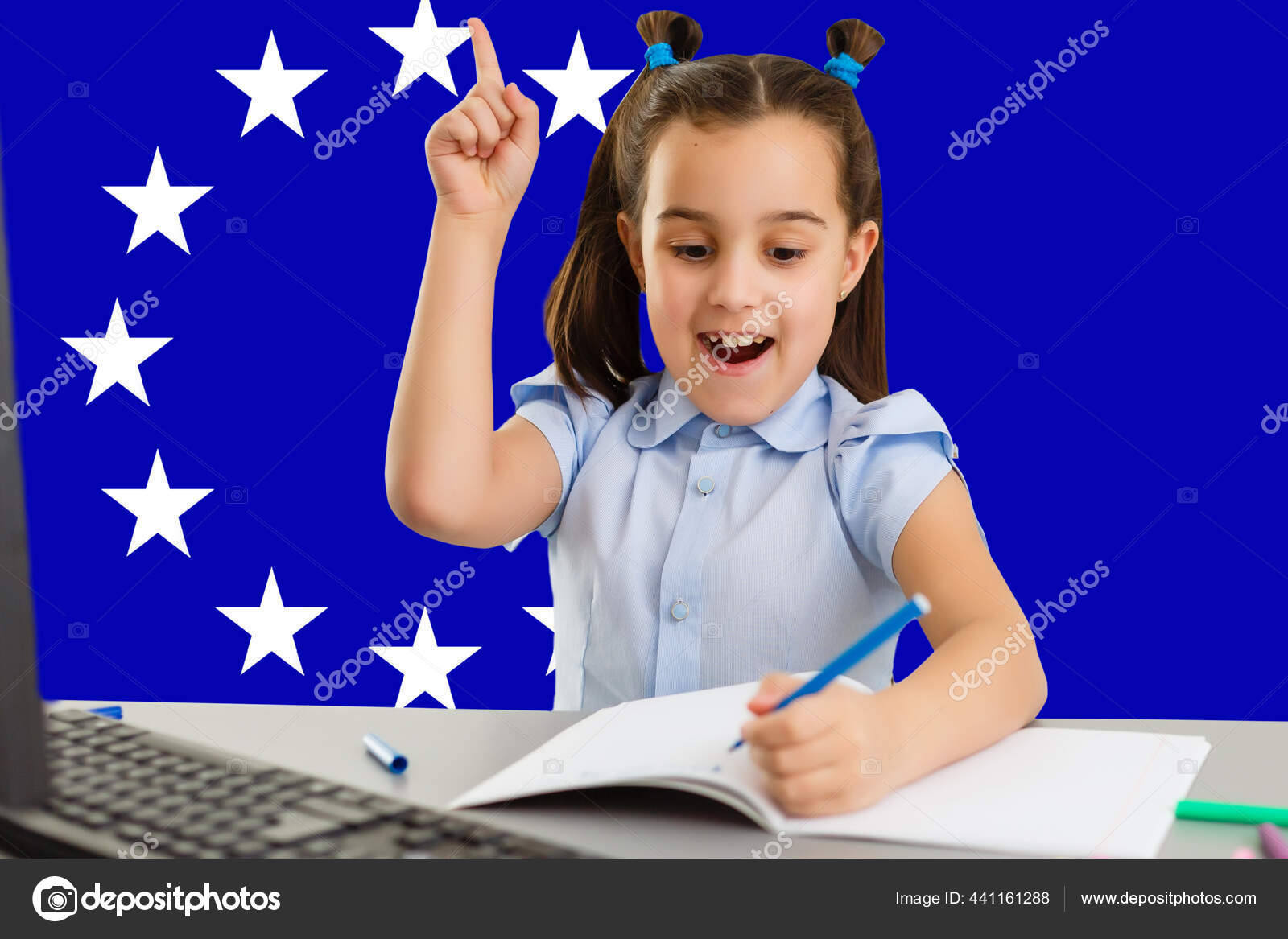 Learning European language. Smart child girl on the EU flag background — Stock Photo © sinenkiy ...