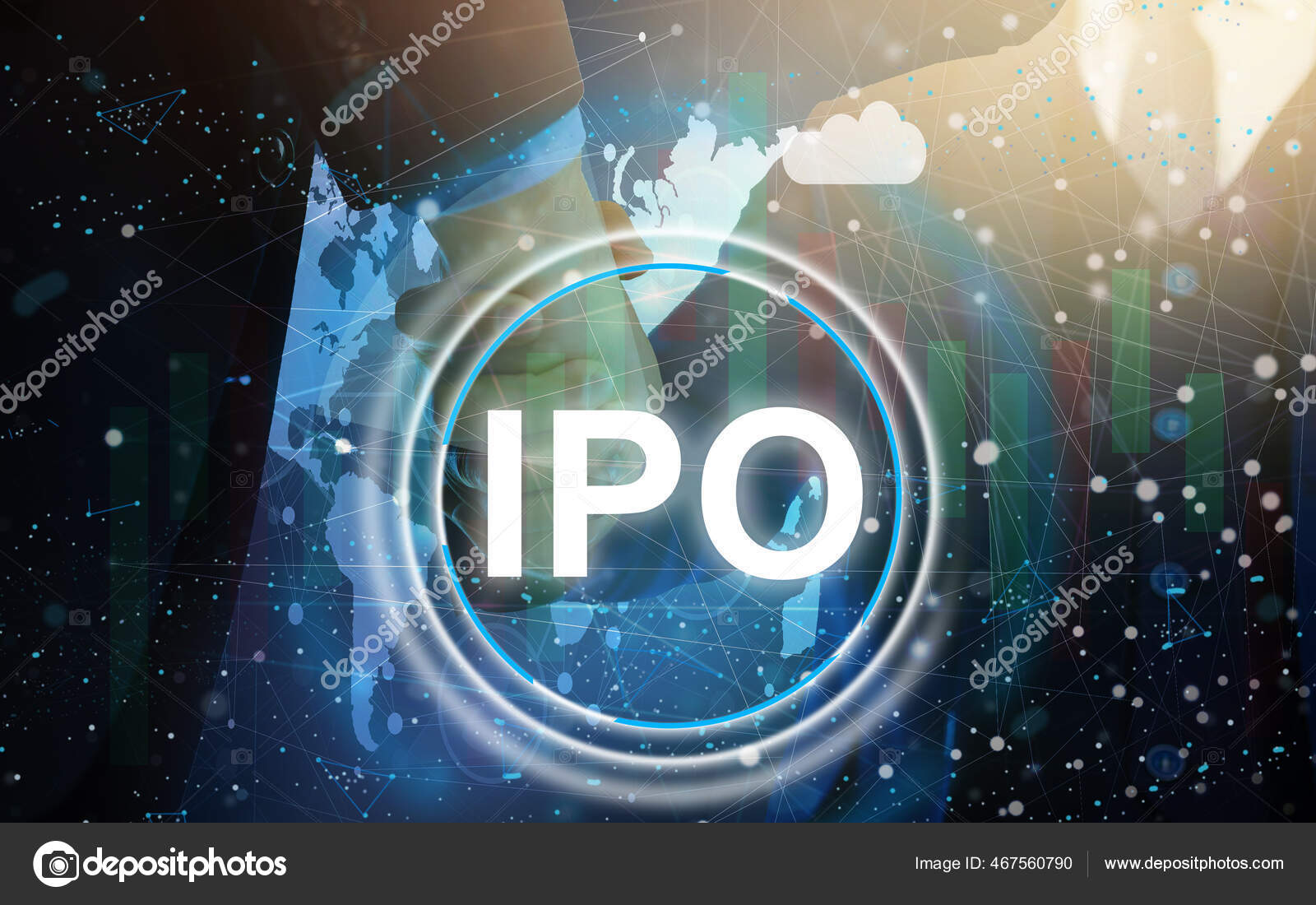 Businessman presses button ipo Initial Public Offering network on chart ... Businessman presses button ipo Initial Public Offering network on chart ...