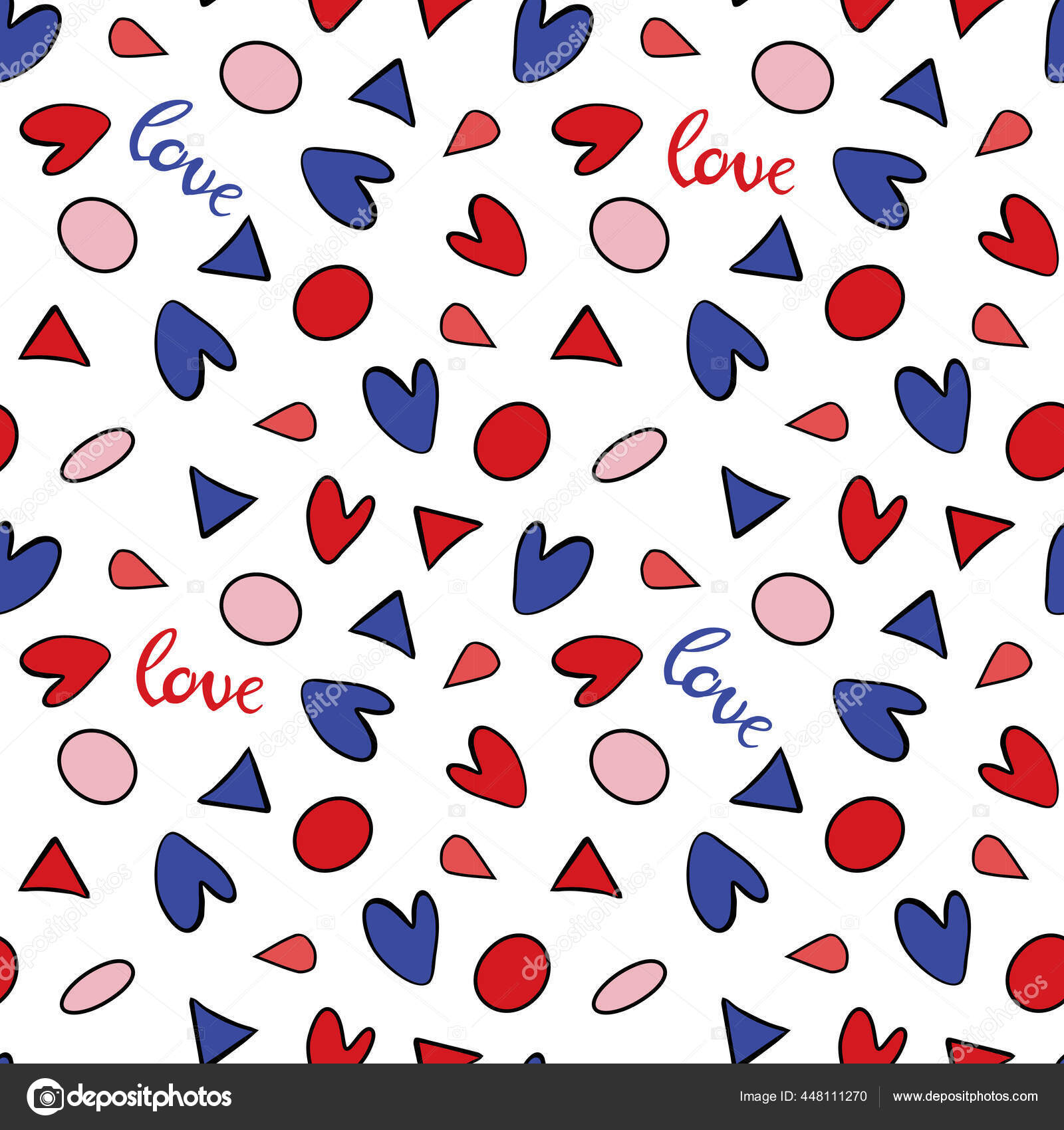 Cute pattern with hearts, triangles and word love isolated on the ...