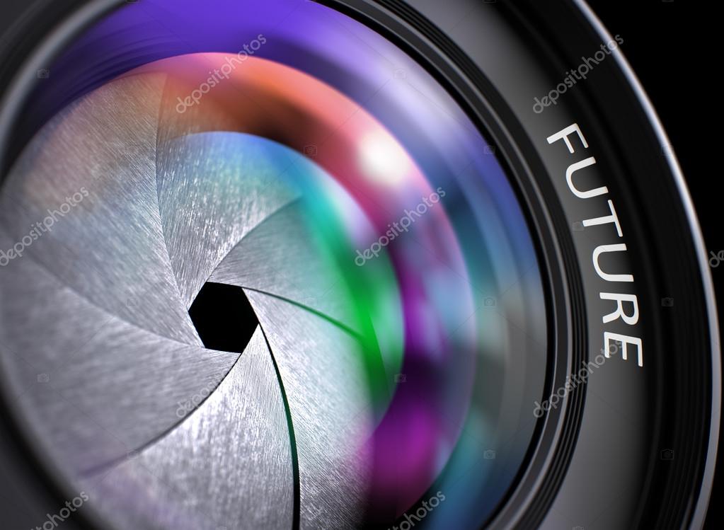 Future Concept on Front Glass of Camera Lens. — Stock Photo ...